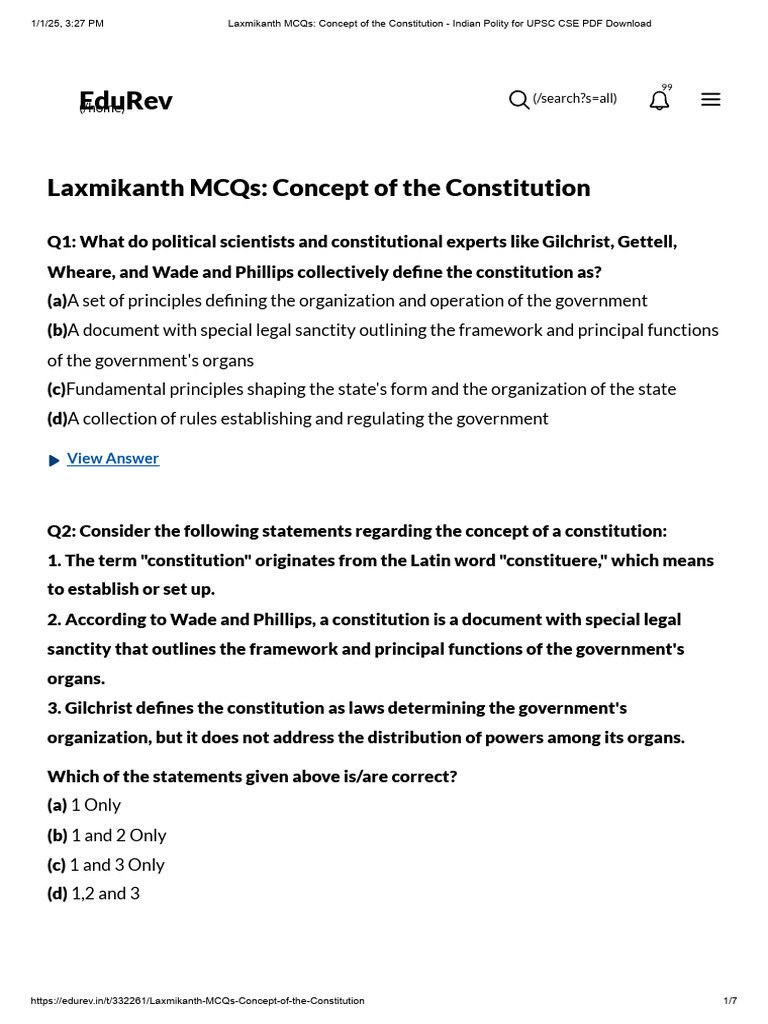 Laxmikanth MCQs - Concept of The Constitution - Indian Polity For UPSC CSE PDF Download | PDF