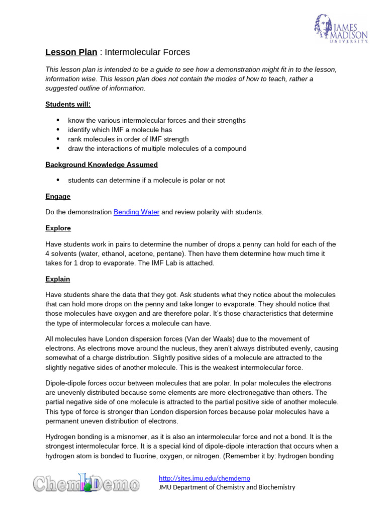 Intermolecular Forces Lesson Plan | PDF | Intermolecular Force ...