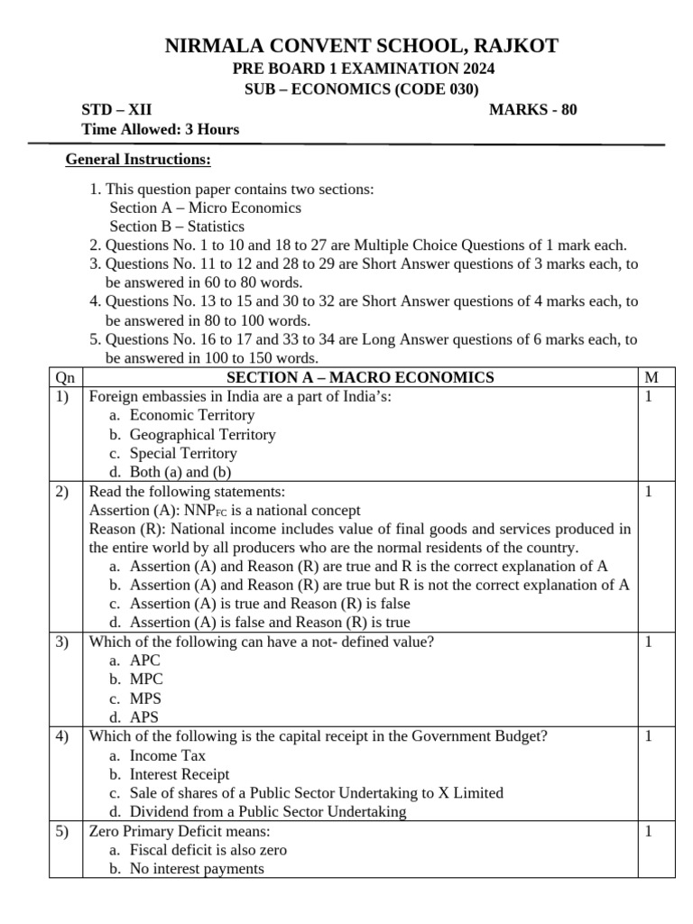 Economics Pre-Board Exam Paper 2024 | PDF | Government Budget Balance ...