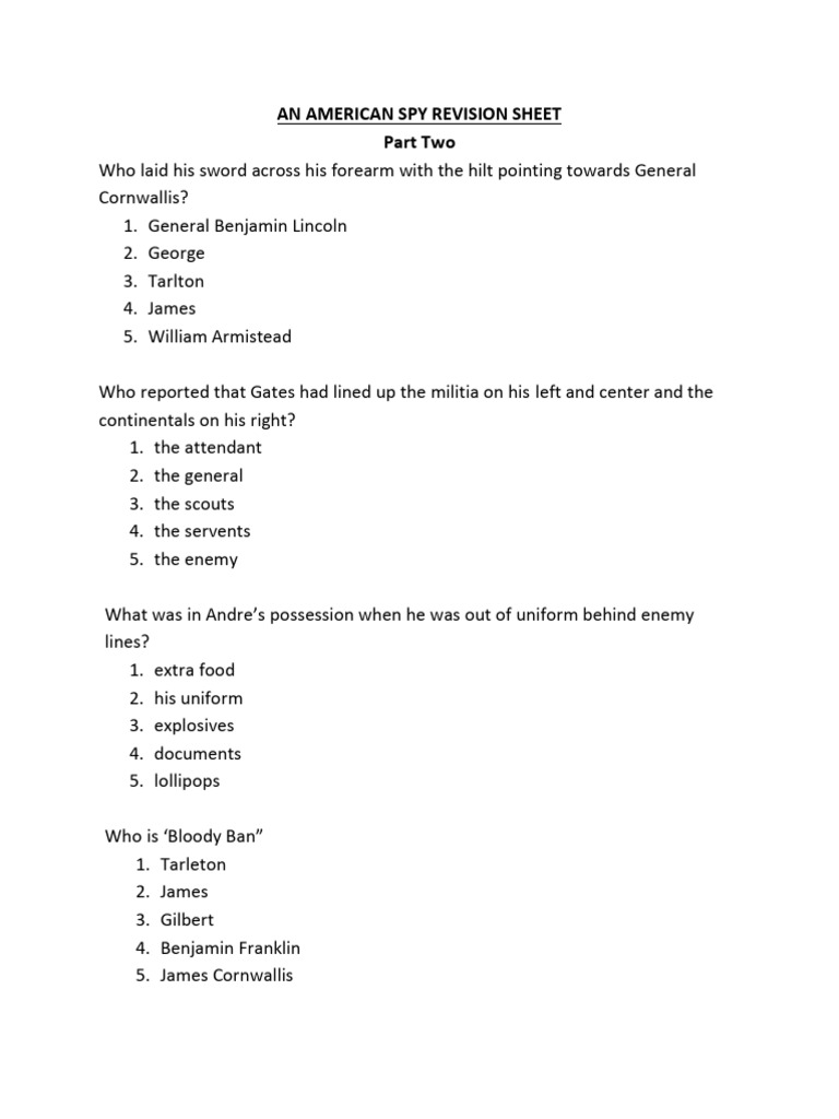 American Revolutionary War Spy Quiz | PDF | Siege Of Yorktown ...