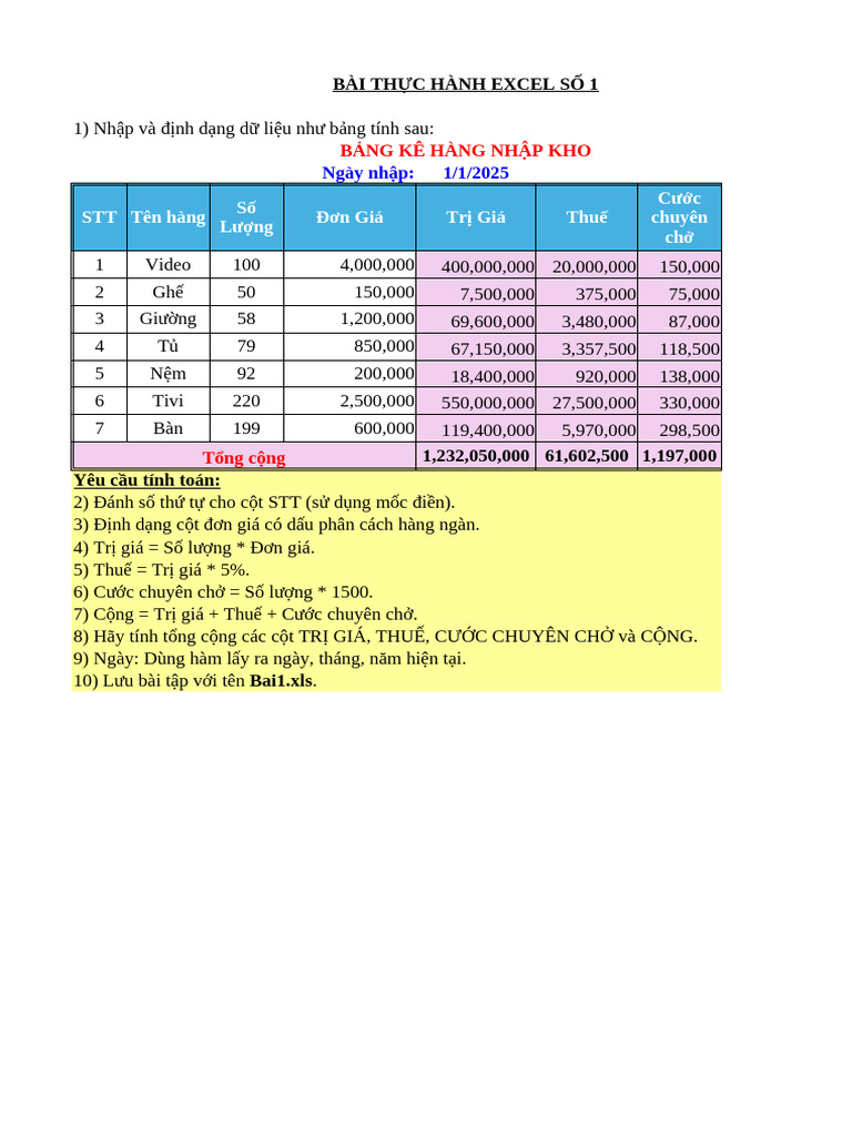 2024_Bai tap thuc hanh excel | PDF