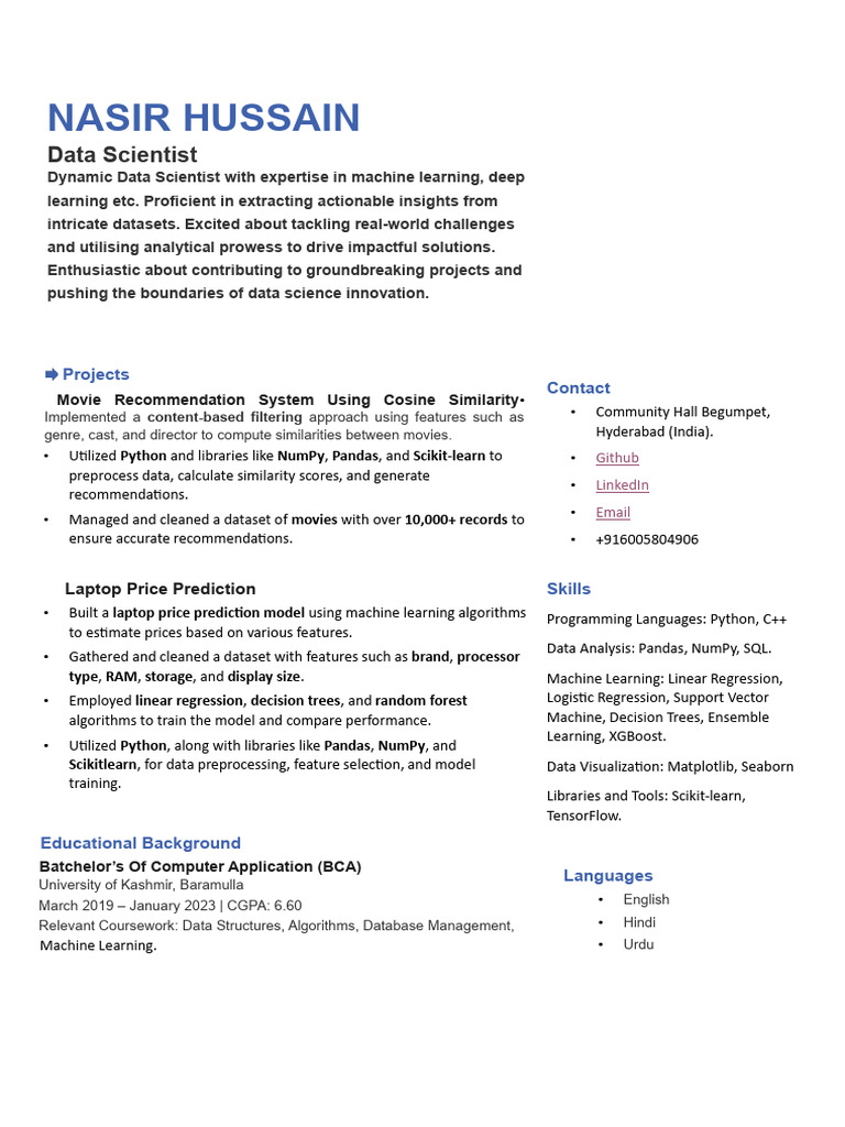 Resume Data Science (Nasir) | PDF | Machine Learning | Data Science