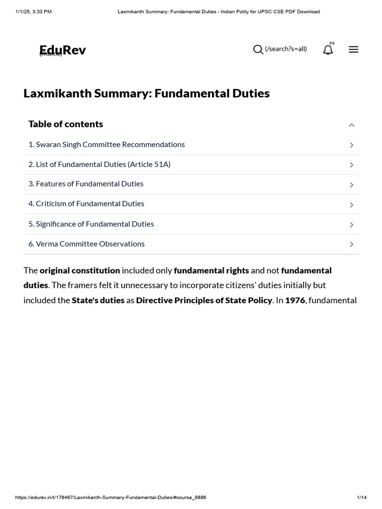 Laxmikanth Summary - Fundamental Duties - Indian Polity For UPSC CSE PDF Download | PDF ...