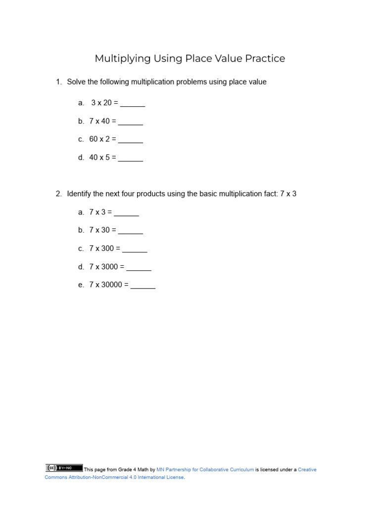 1.2 Multiplying Using Place Value Practice | PDF