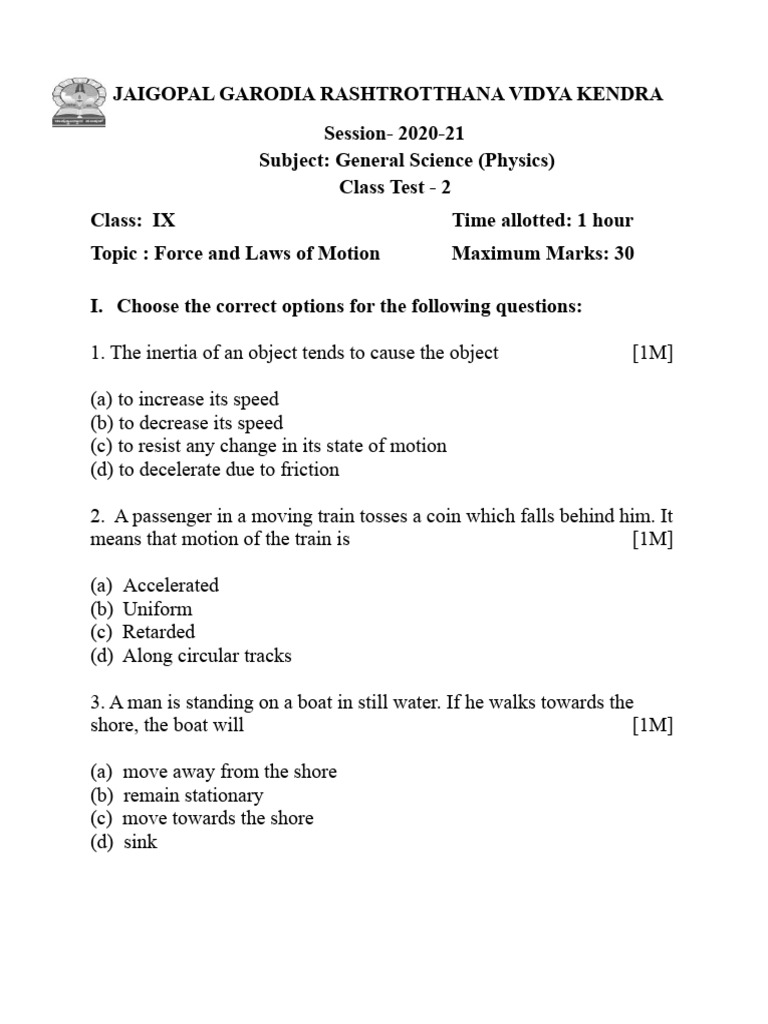 Class IX Physics Test: Force & Motion | PDF | Force | Velocity