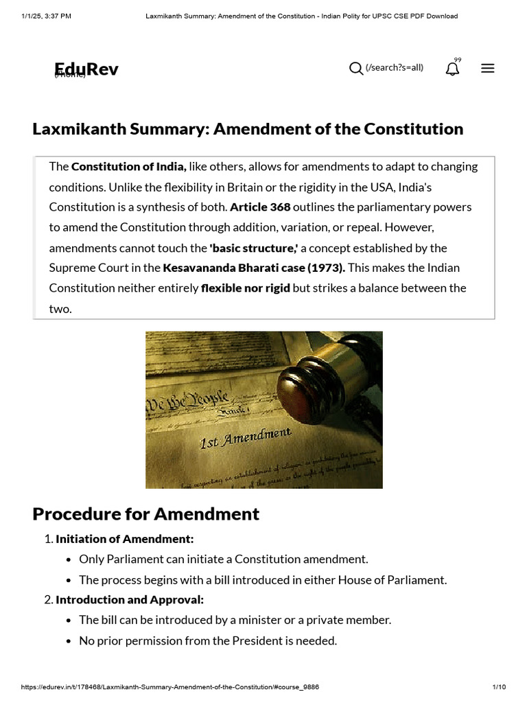 Laxmikanth Summary - Amendment of The Constitution - Indian Polity For UPSC CSE PDF Download ...
