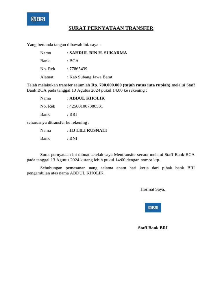 Surat Pernyataan Transfer 2024 | PDF