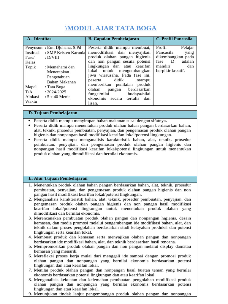 2024-2025 Ma - Tata Boga Kelas Viii | PDF