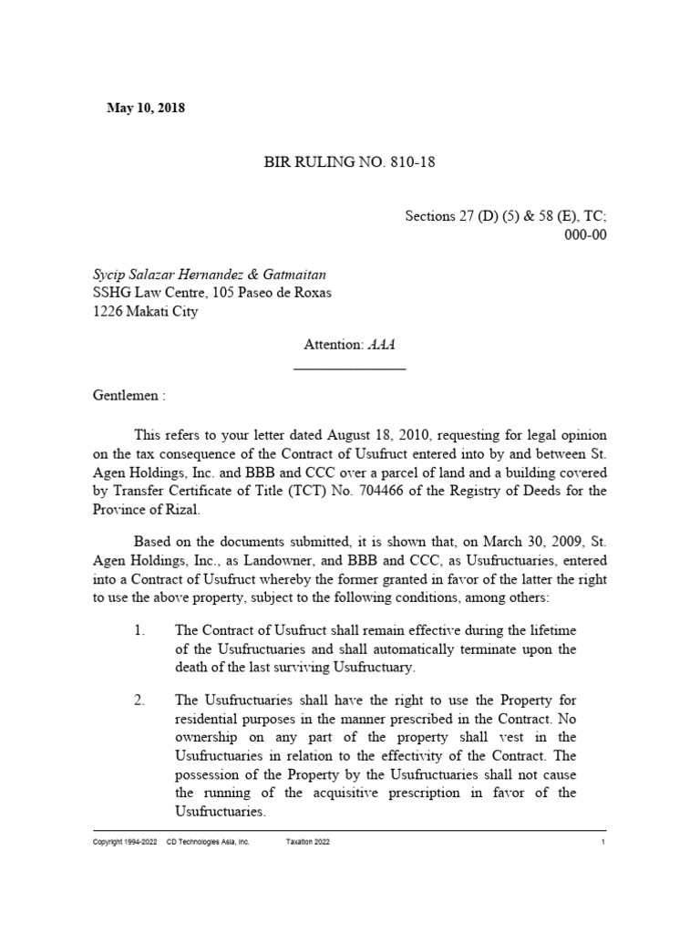 BIR Ruling No. 810-18 (Usufruct) | PDF | Mortgage Law | Capital Gains Tax