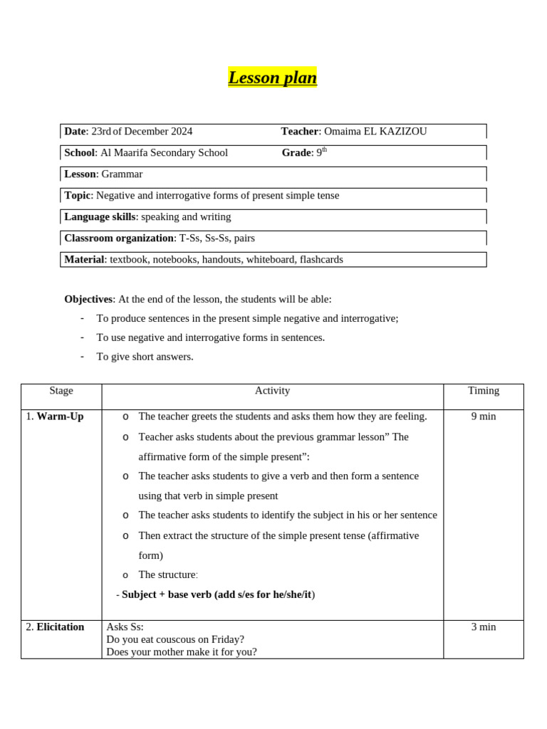 LESSON PLAN FOR SIMPLE PRESESNT | PDF | Verb | Subject (Grammar)