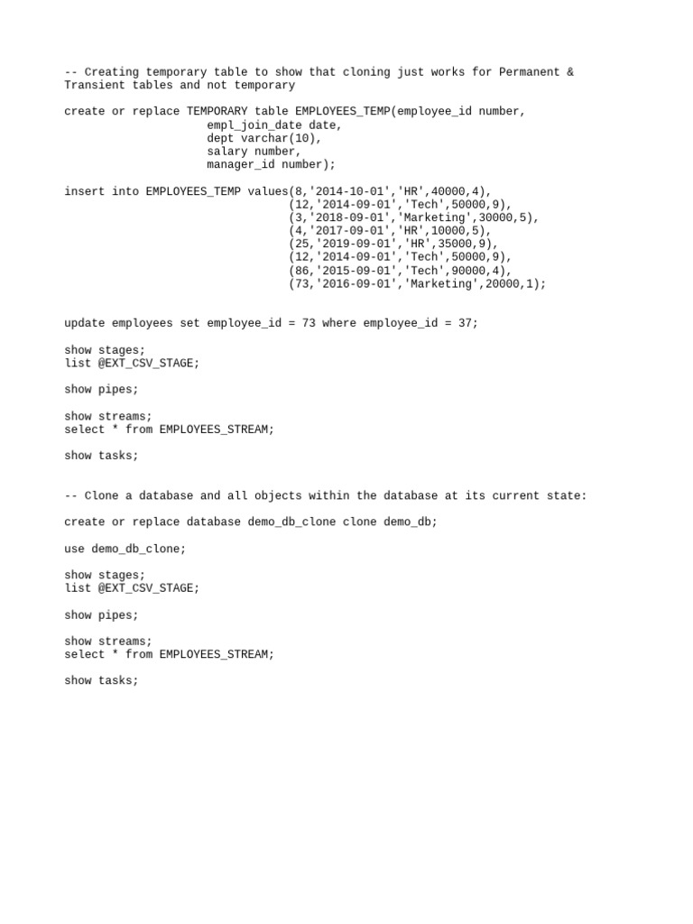 Clone Database, Pipes, Streams, Tasks & Stages | PDF