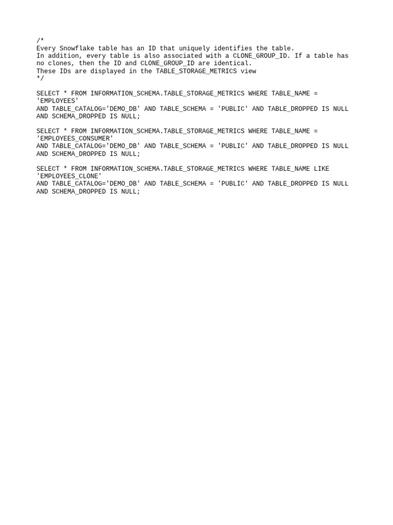 Cloning Table Storage Metrics | PDF