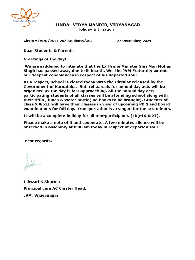 Holiday Intimation 27-12-2024 | PDF