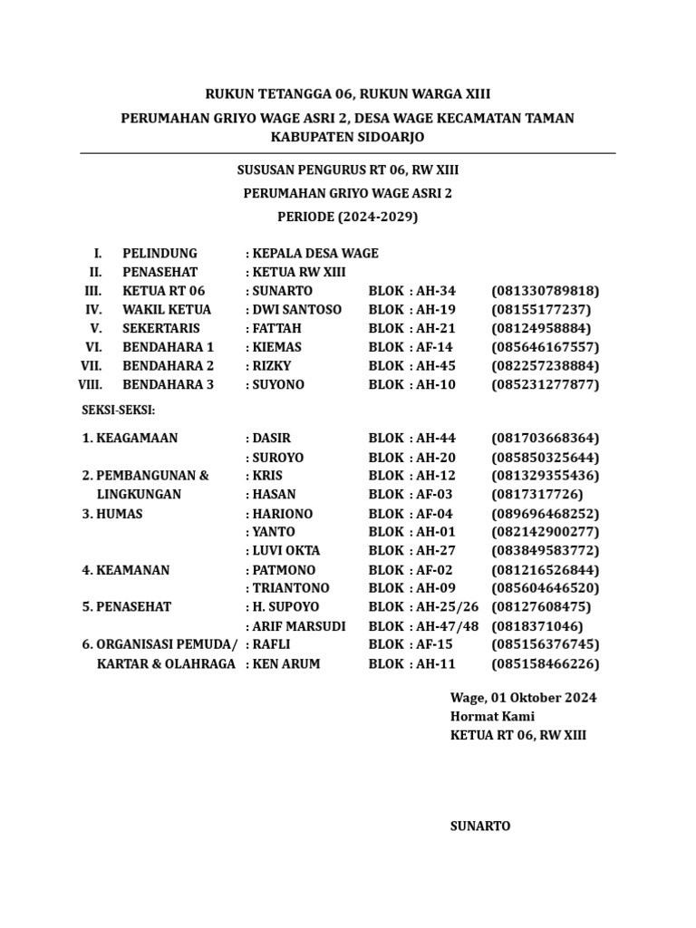 SUSUNAN PENGURUS RT 06 RW 13-1 | PDF