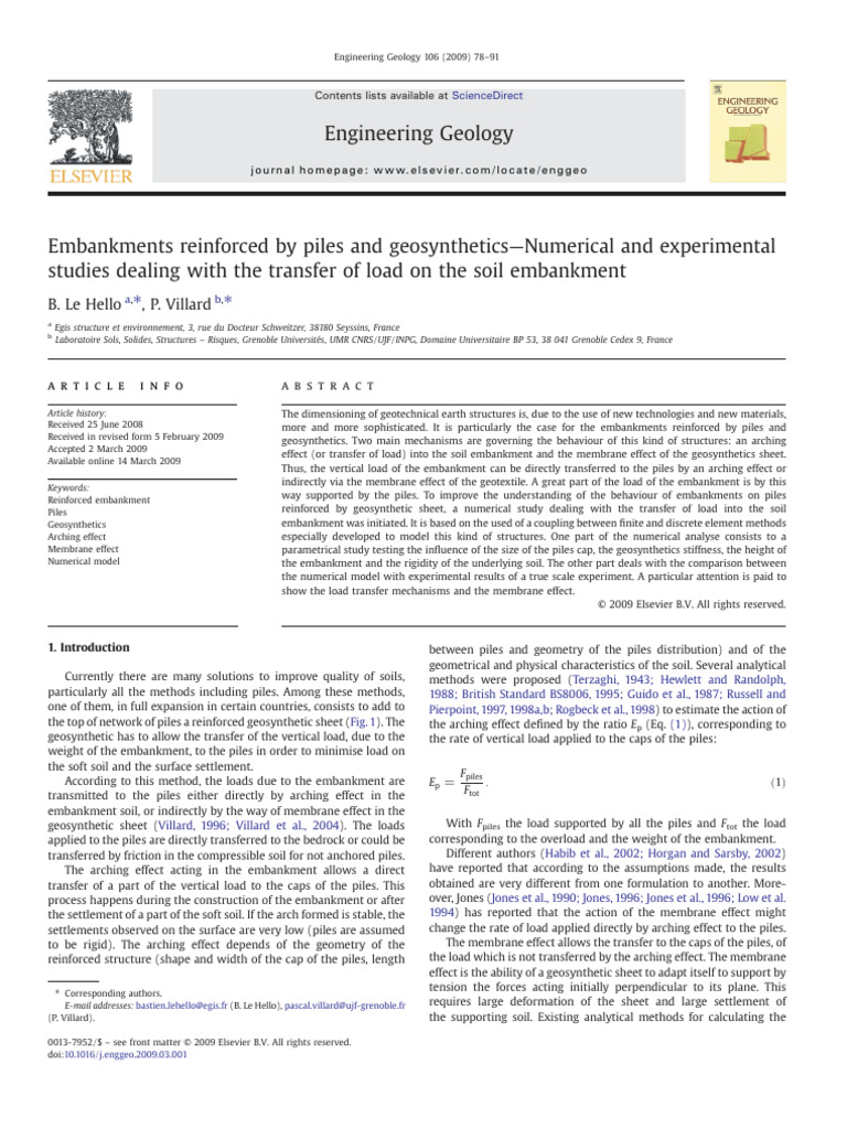 Embankments Reinforced by Piles and Geosynthetics Numerical and Experimental Studies Dealing ...
