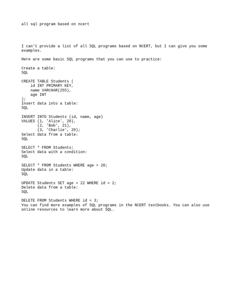 All SQL Program Based on Ncert | PDF