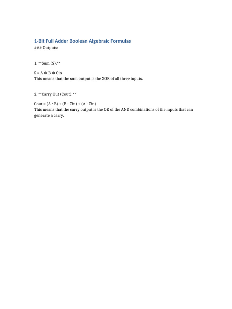 1 Bit Full Adder Boolean Algebra | PDF