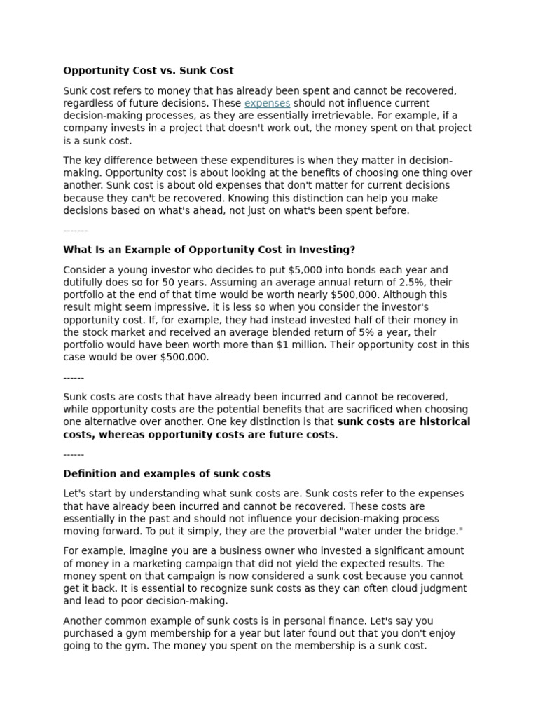 Sunk Costs vs. Opportunity Costs Explained | PDF | Opportunity Cost ...