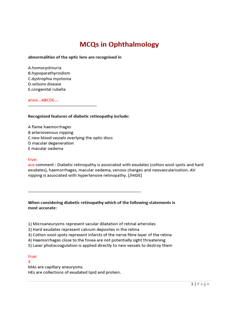 MCQs in Ophthalmology | PDF | Human Eye | Ophthalmology