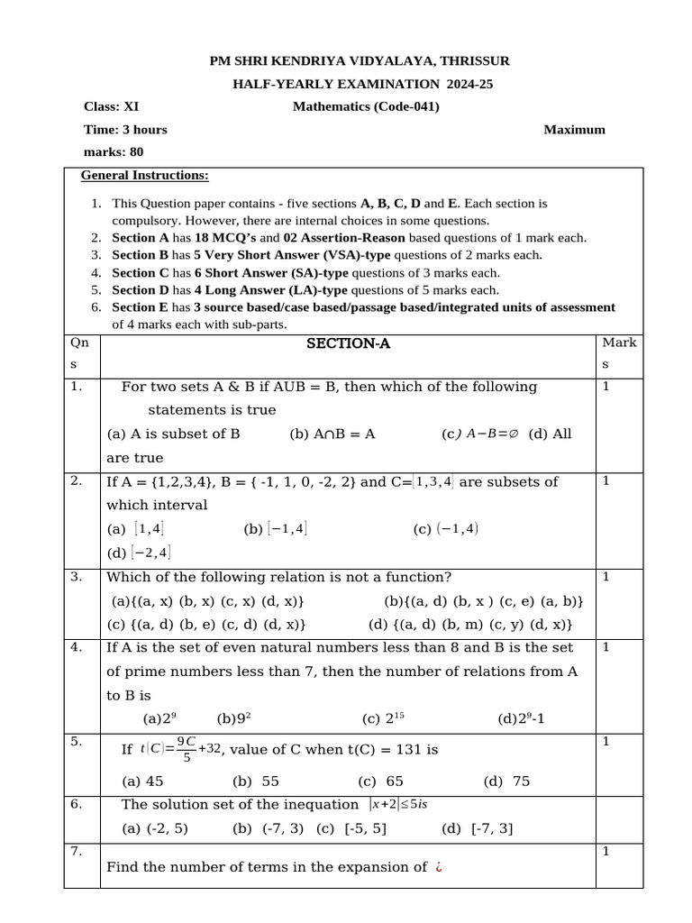 HALF YEARLY MATHS CLASS XI 2024-25 | PDF | Mathematical Concepts | Mathematical Analysis