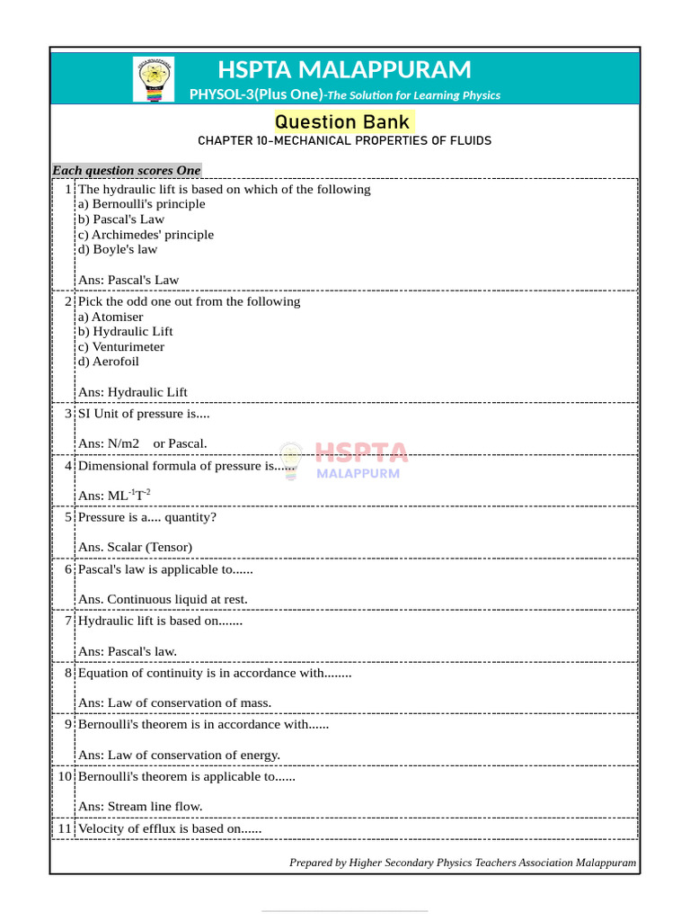 Hspta - CH 10 Question Bank-2022-Hssreporter | PDF | Pressure | Fluid Dynamics