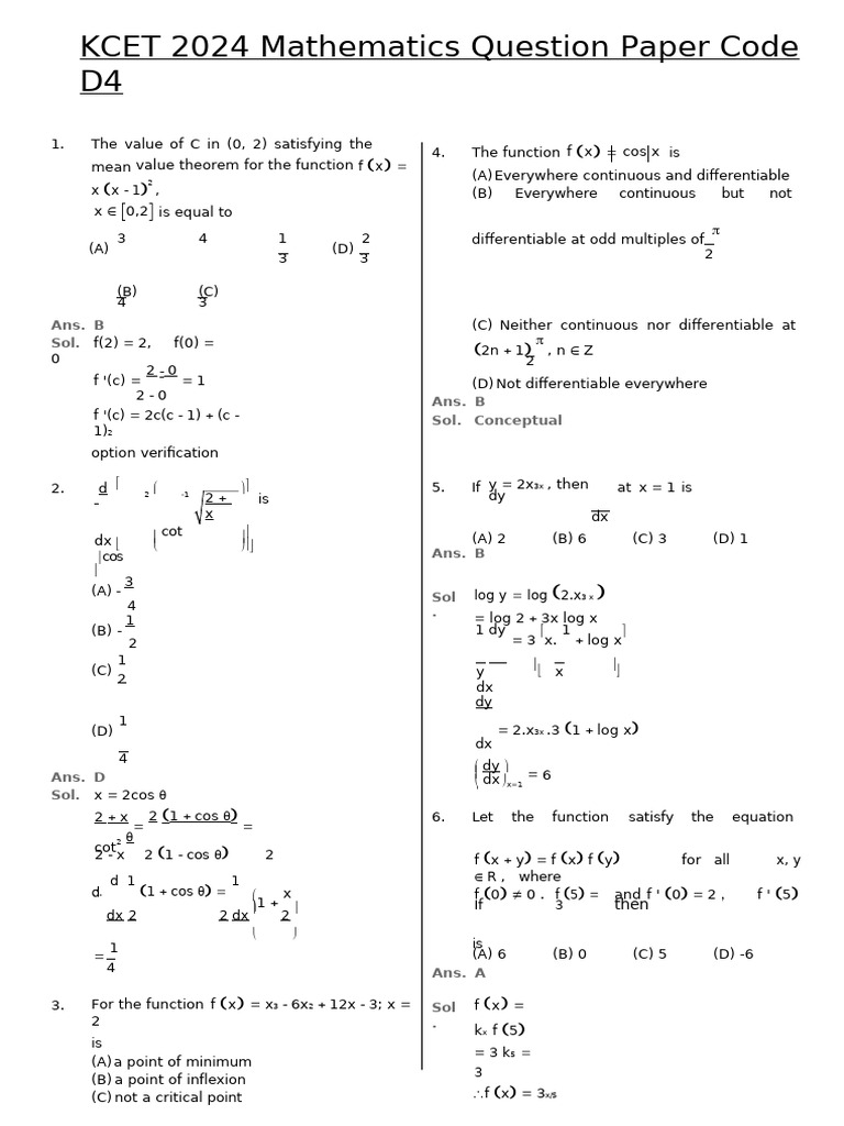 KCET 2024 Mathematics Question Paper Code D4 | PDF | Function ...