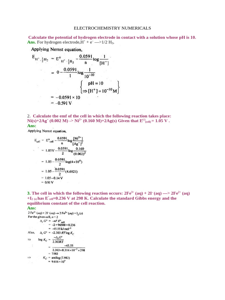 Electrochemistry Numericals | PDF