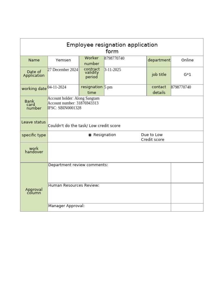Employee Resignation Application Form | PDF