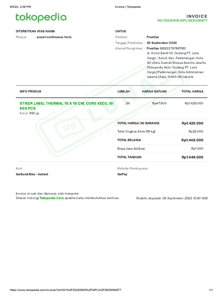Invoice - Tokopedia | PDF