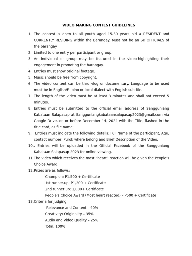 Youth Video Contest Guidelines 2024 | PDF