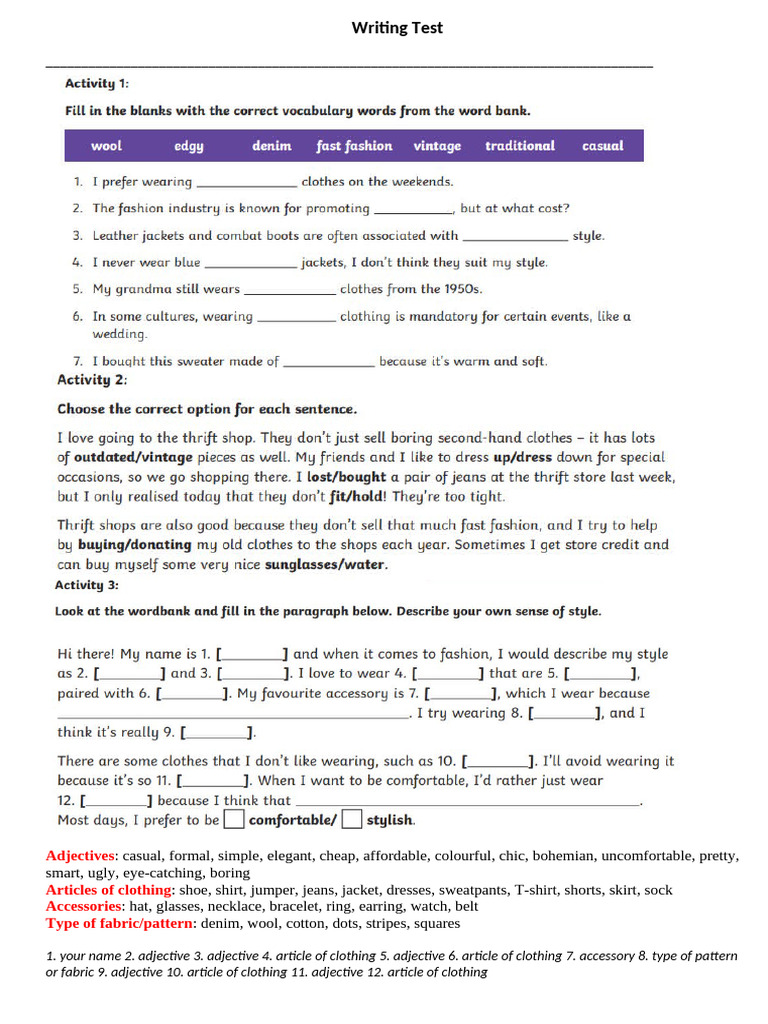 Fashion Vocabulary and Writing Test | PDF