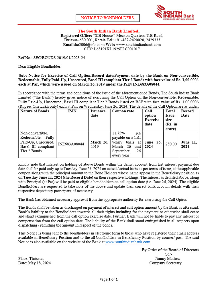 Notice To Bondholders 18-05-2024 | PDF | Bonds (Finance) | Interest