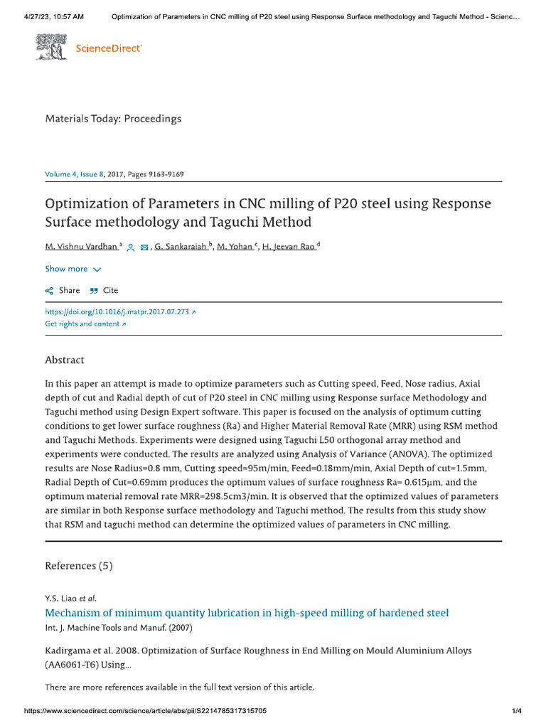 Optimization Of Parameters In Cnc Milli Ogy And Taguchi Method Sciencedirect Pdf