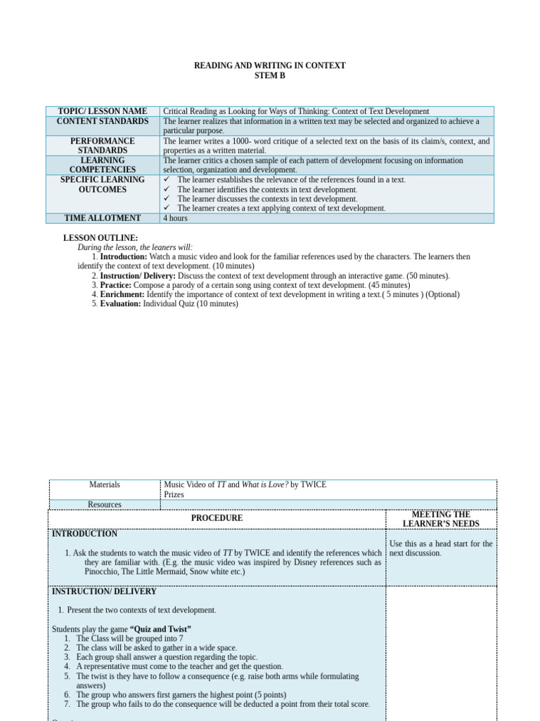 Learning Plan INTERTEXT | PDF | Intertextuality | Learning