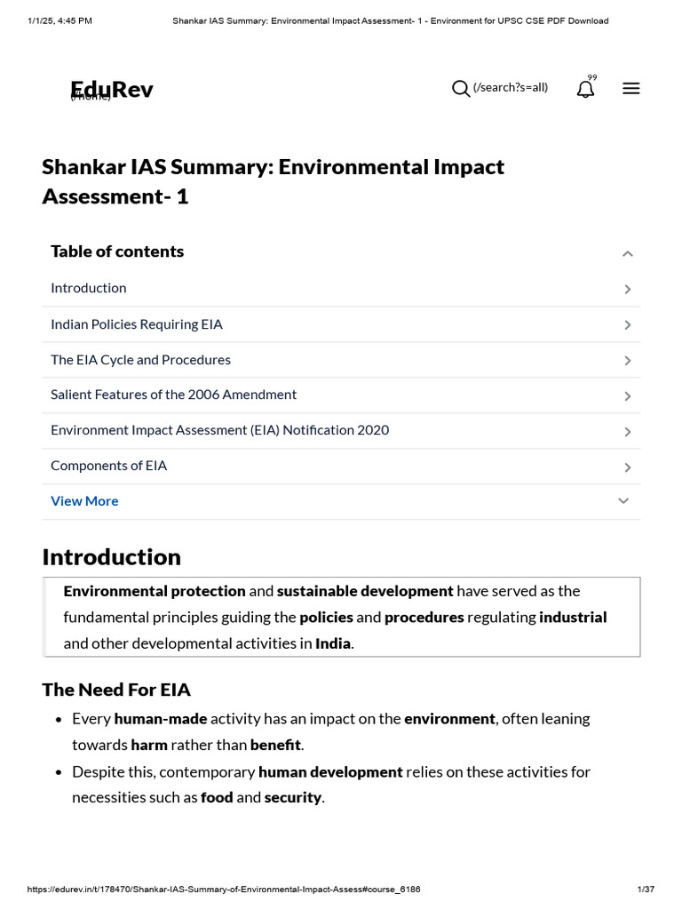 Shankar IAS Summary - Environmental Impact Assessment - 1 - Environment For UPSC CSE PDF ...