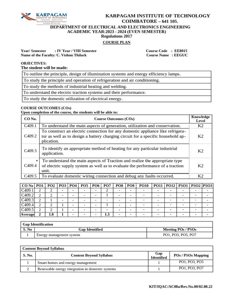 EE8015-Course Plan - Theory-EEGUC | PDF | Lighting | Welding
