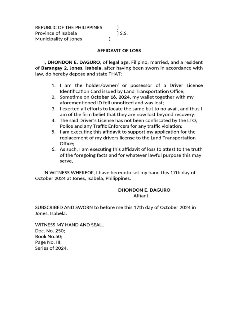 Affidavit of Loss IDs.-driver's Licence Form Original | PDF
