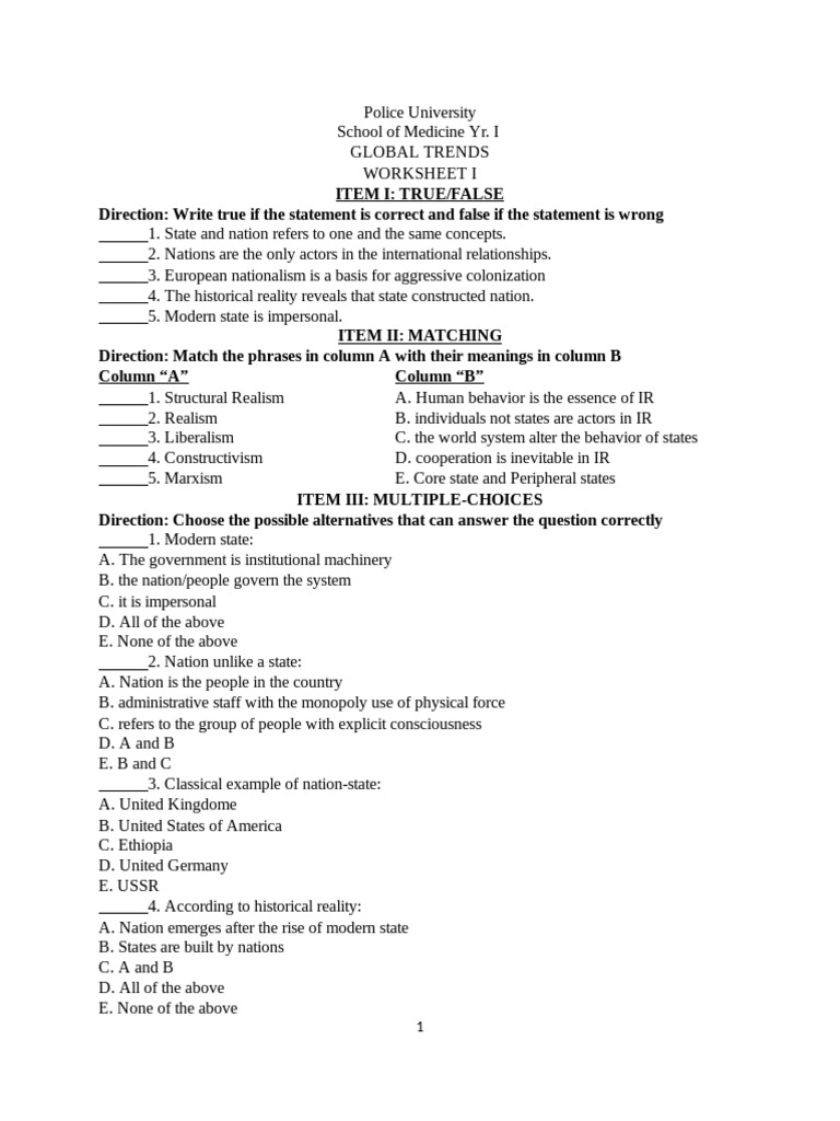 Worksheet I Global Issues | PDF | Political Science | International ...