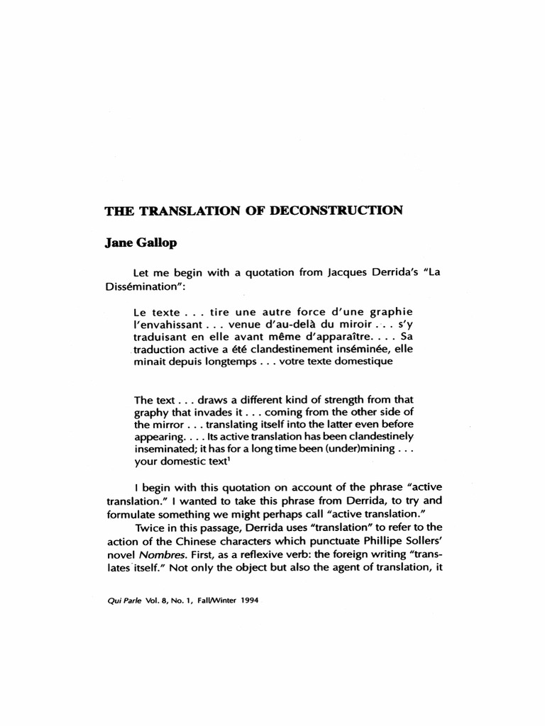 The Translation of Deconstruction: Jane Gallop | PDF | Deconstruction ...