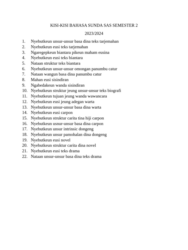 Kisi-kisi Basa Sunda Sas Semester 2 2023-2024 | PDF