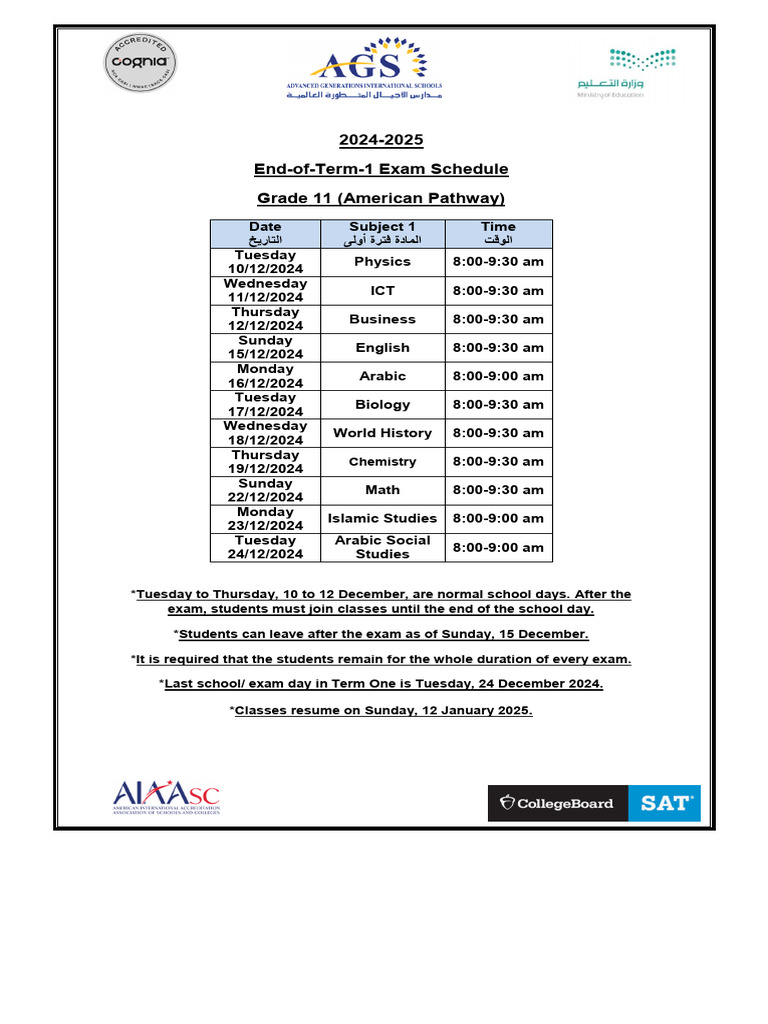 2024.25 EOT1 Exam Schedule (11 SAT) | PDF