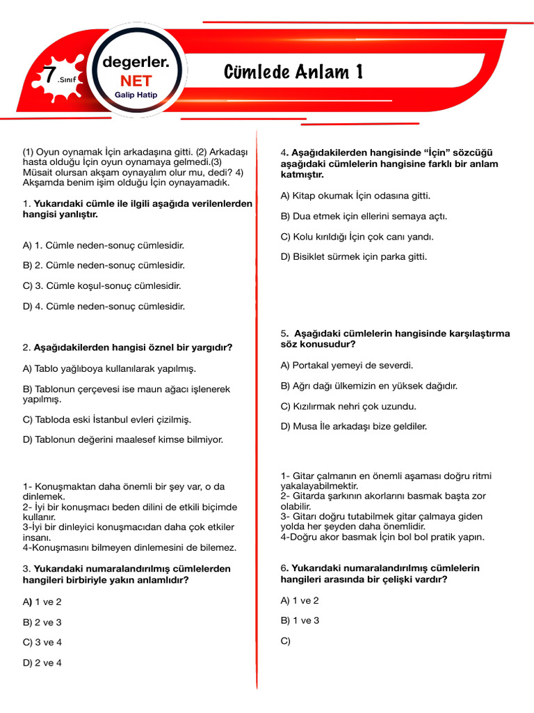 Sınıf Cümlede Anlam 1 | PDF