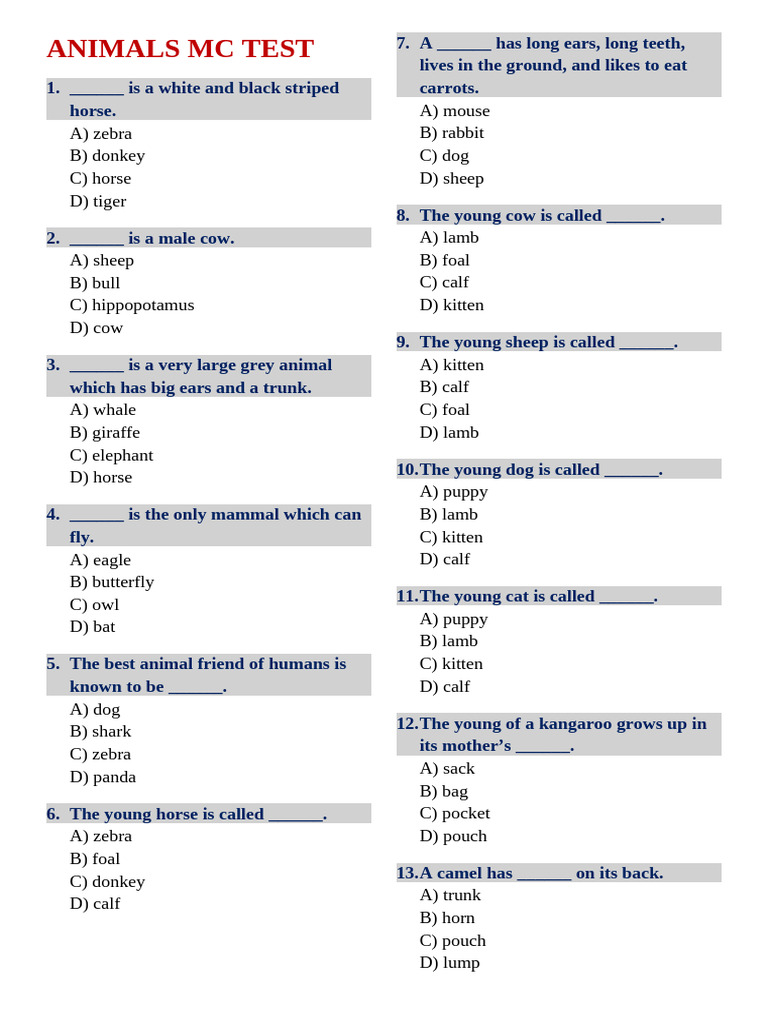 ANIMALS MC TEST | PDF | Elephant | Mammals