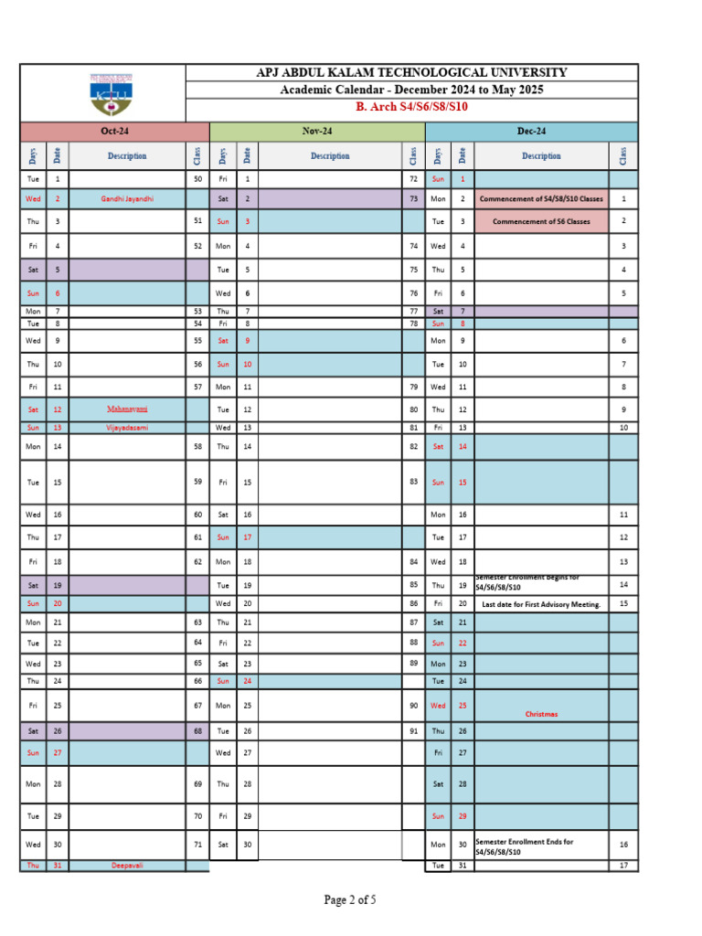 B. Arch Academic Calender - S2 - S4 - S6 - S8 - S10 Dec 24-May 25 | PDF ...