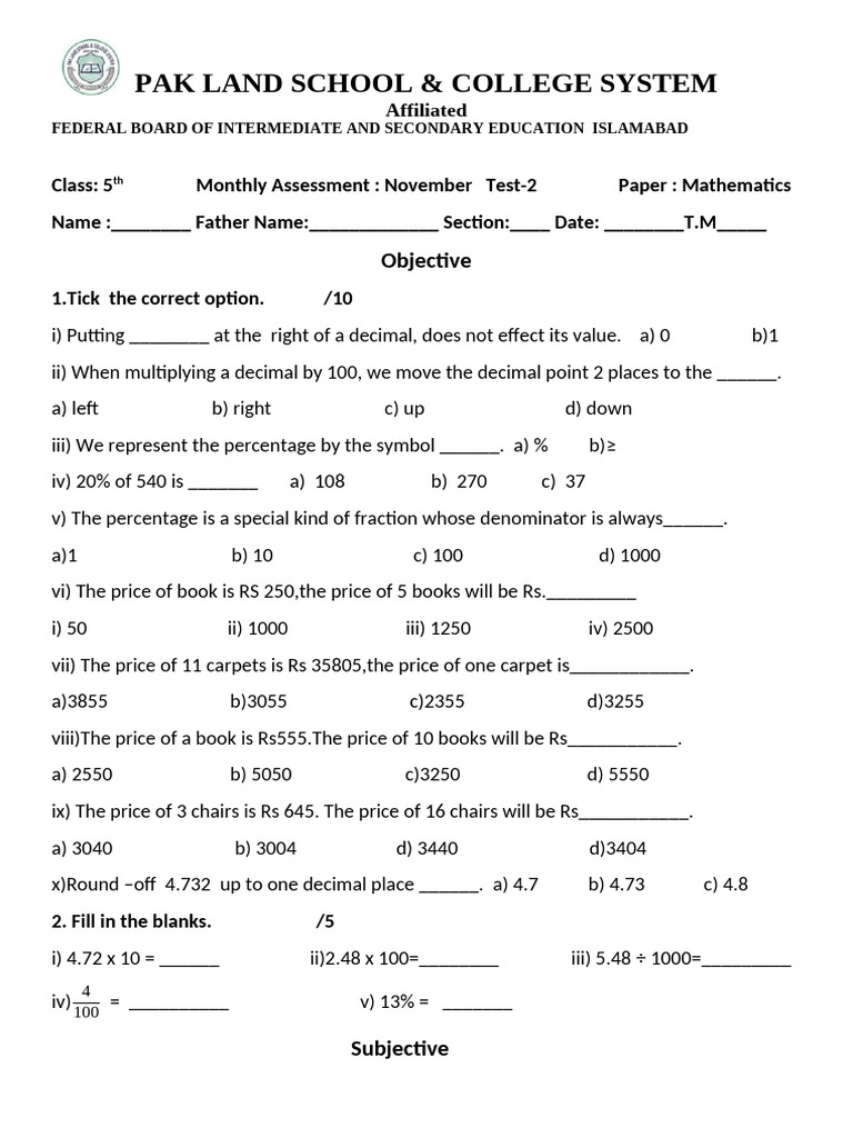 Class 5 Board Math Test - 2 | PDF | Decimal | Division (Mathematics)