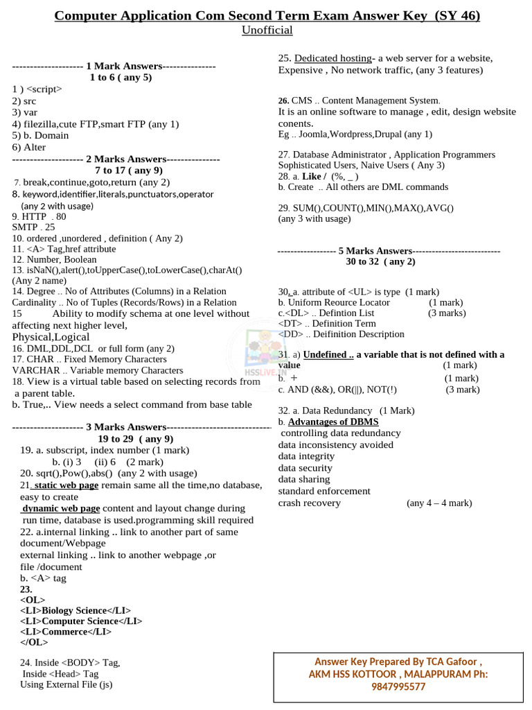 Hsslive Xii Comp App Com Dec 2023 Gafoor Key | PDF | Computer Science | Computer Networking
