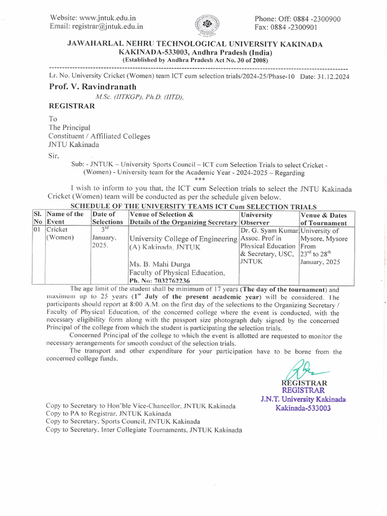 JNTUK - University Sports Council - ICT Cum Selection Trails To Cricket ...