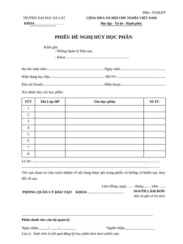 BM33 PQLDT Don Xin Huy Dang Ky Hoc Phan 1 | PDF