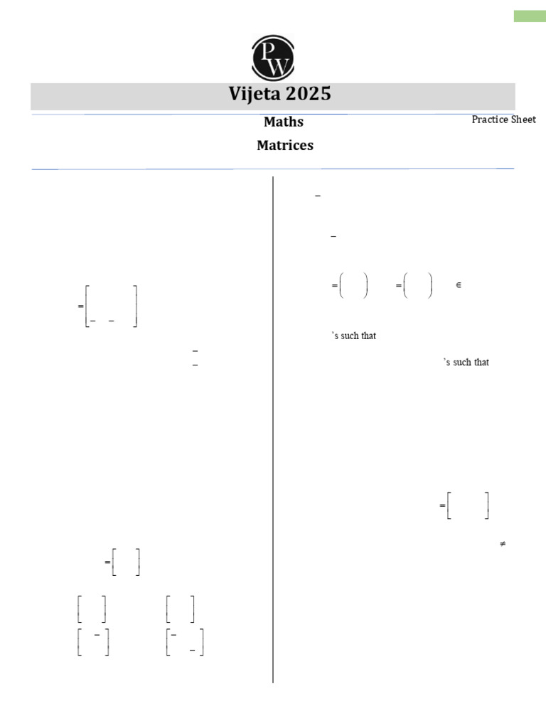 Matrices Practice Sheet Vijeta 2025 Pdf Matrix Mathematics Mathematical Analysis