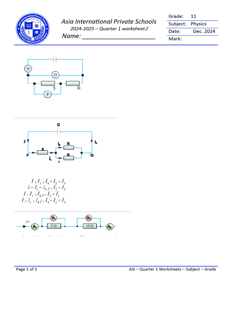 Physics Worksheet for Grade 11 Students | PDF | Resistor | Series And ...